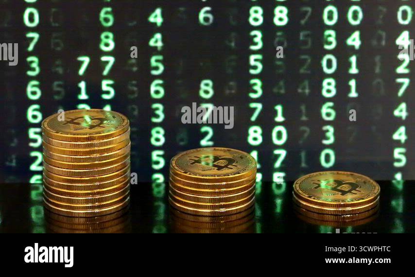 three piles of bitcoins with changed numbers in backgrounds Stock Video ...