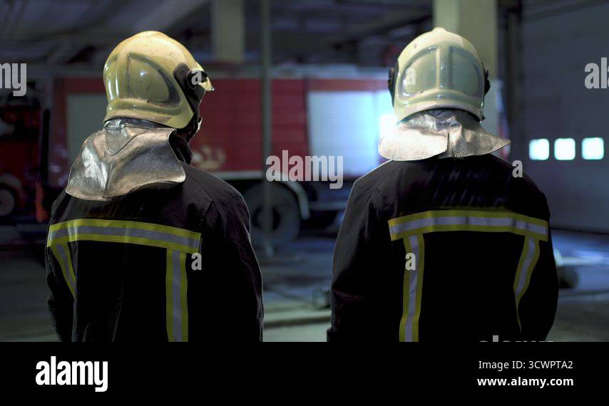 Two firefighters in uniforms and protective helmets standing together ...