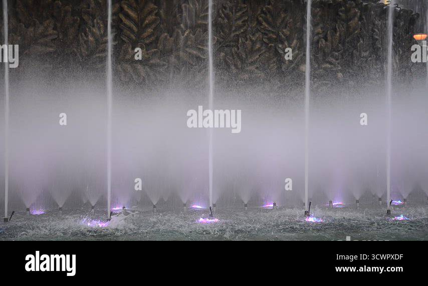 Spray, splash and jat of water. Beautiful fountain of water dancing on ...