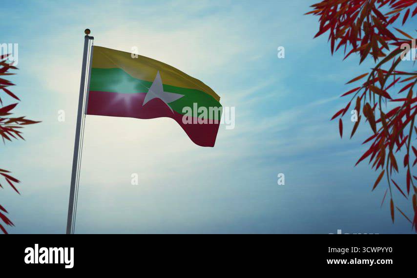 Myanmar flag flying through trees with sun - 3d animation Stock Video ...