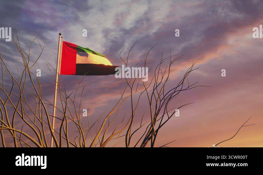 UAE flag flying at sunset and waving in the sky - video animation Stock ...