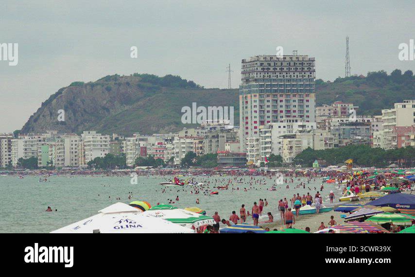 DURRES, ALBANIA - CIRCA AUGUST, 2015: Aerial video of crowded beach in ...