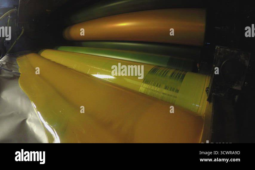 4K offset print machine printing press rollers, yellow color drum. UHD ...