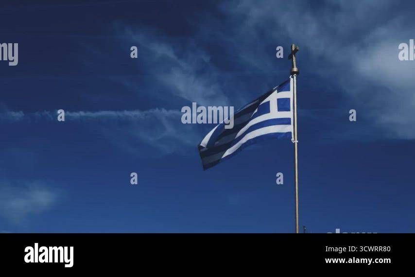 Greek flag and blue sky on a windy day, travel and politics Stock Video ...