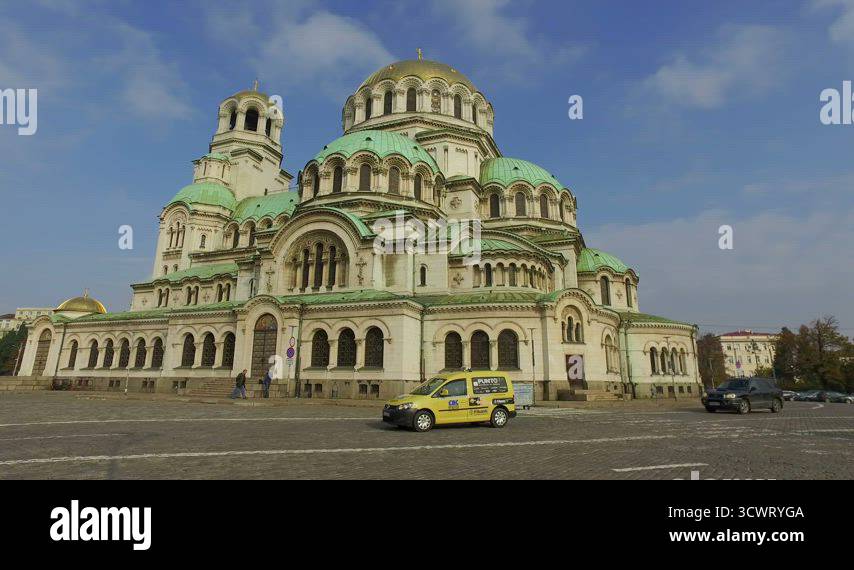 Hypertimelapse of Cathedral "St. Alexander Nevsky" is Orthodox church in Sofia Bulgaria. The ...