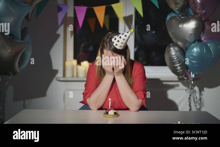 Young woman crying alone at her birthday party. Loneliness sad girl ...