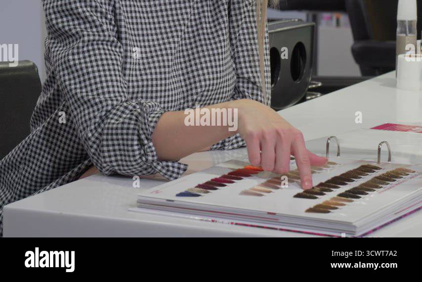 Woman choosing hair color from dye chart at hairdresser salon Stock ...