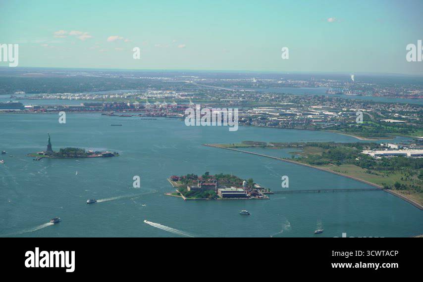 Aerial view of the statue of liberty in new York, USA. Lady liberty ...