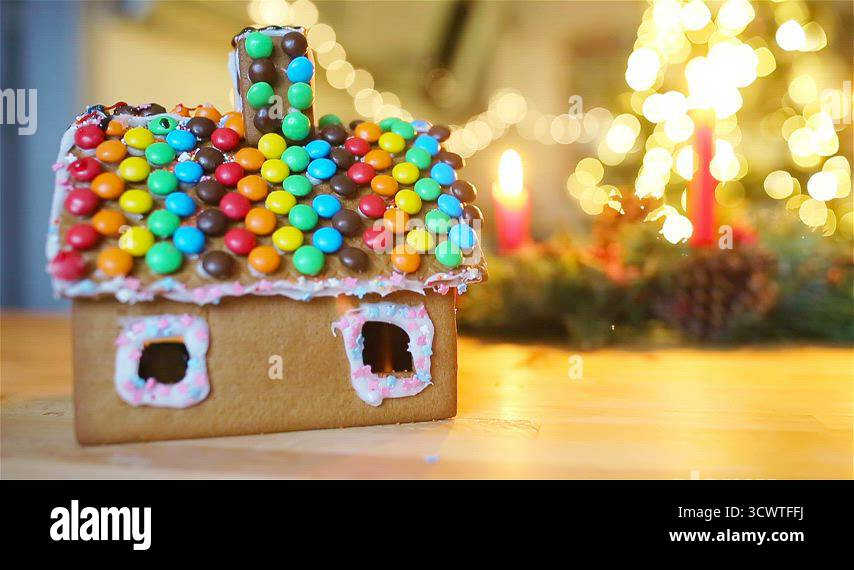 Gingerbread fairy house on a background of bright Christmas tree with ...