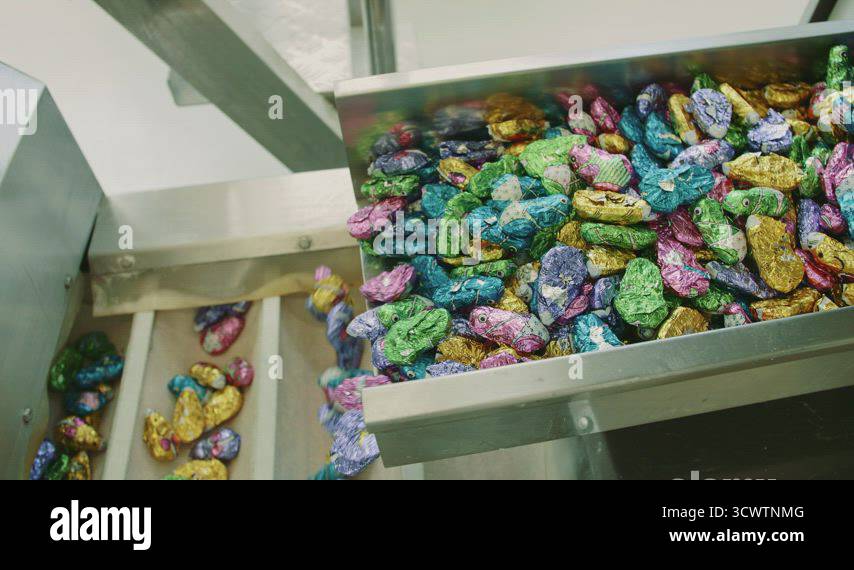 Candy factory. Bunch of wrapped candies falling from conveyor on ...
