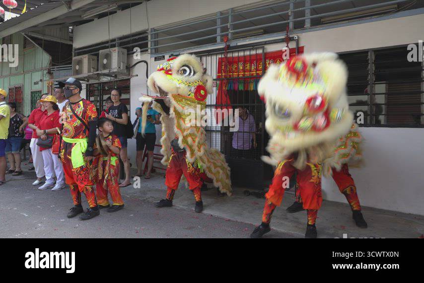 Lion dance and gong performance at chinese house Stock Video Footage ...