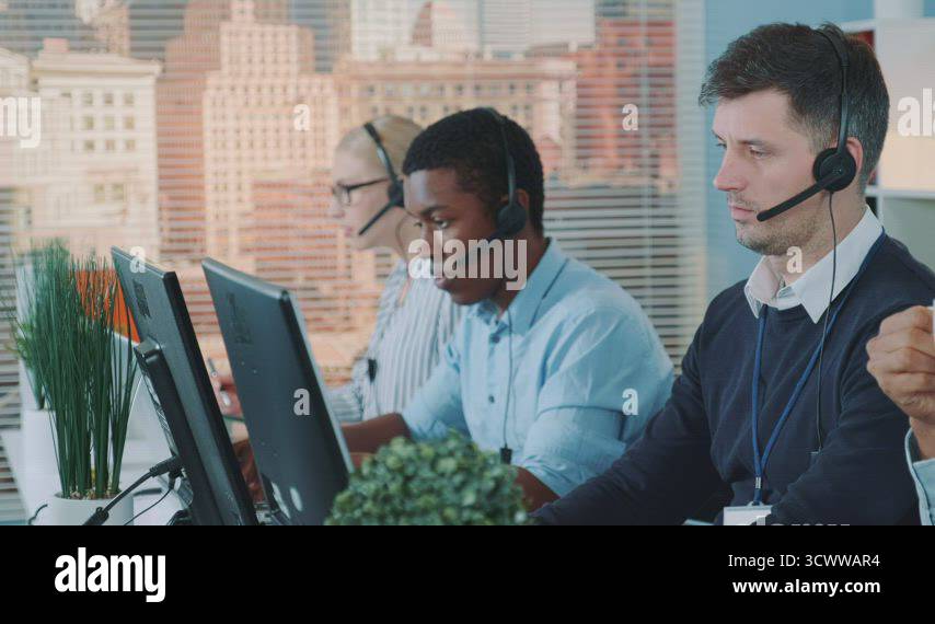 Caucasian customer support agent receiving an important document from ...