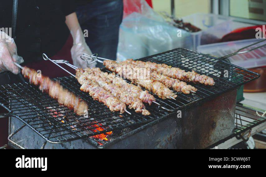 Grilling Meat, Street Food. Crocodile Meat Skewer Bbq Roasted In Asian ...