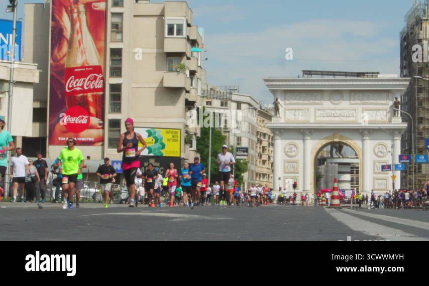 People running at the Wizz Air Skopje Marathon 2018 in the city center ...