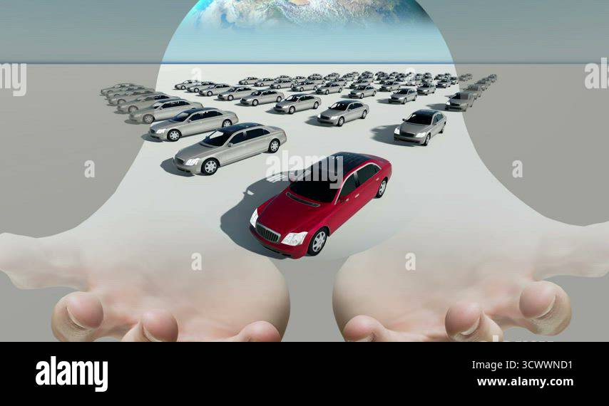 Mixed media of two 3d animation of hand holding globe and hundreds cars ...