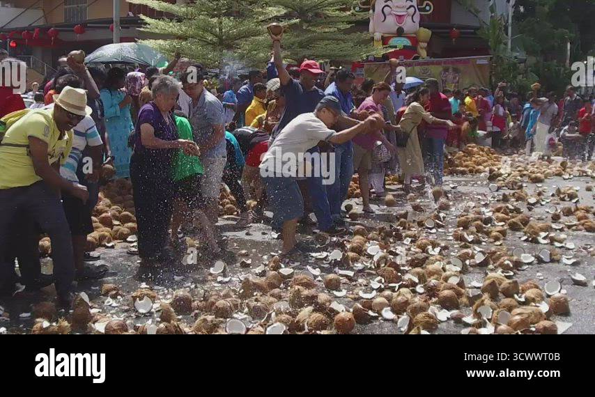 Slow motion Thousand of coconut being smashed by devotees Stock Video ...