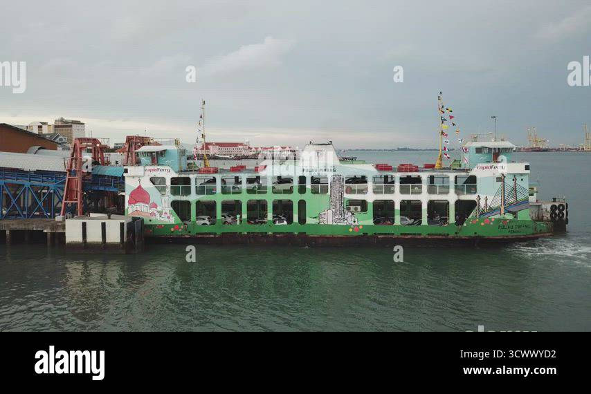 Aerial view cars at ferry prepare to disembark at ferry terminal Stock ...