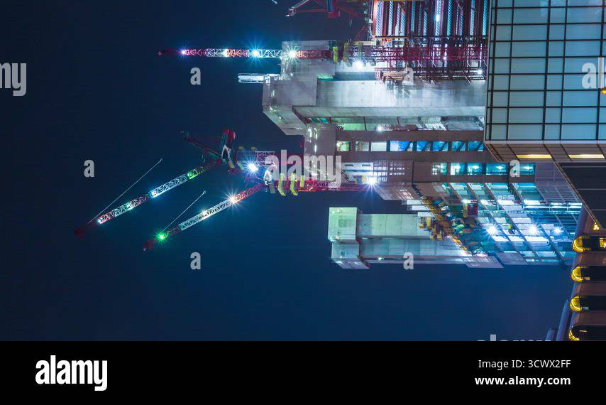 Time Lapse Building Construction Site Night Working (vertical screen ...