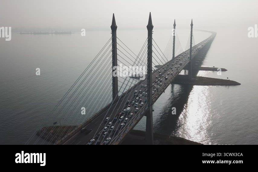 Aerial silhouette car traffic jam at one side at Penang Bridge Stock ...