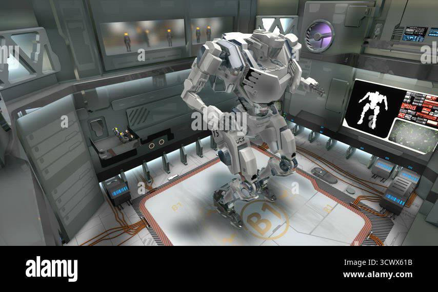 Spaceship hangar with giant battle robot Stock Video Footage - Alamy