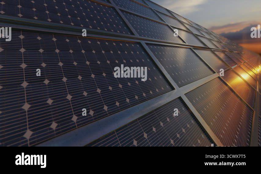 Close up of solar power panels farm against magical sunrise, 4K Stock ...