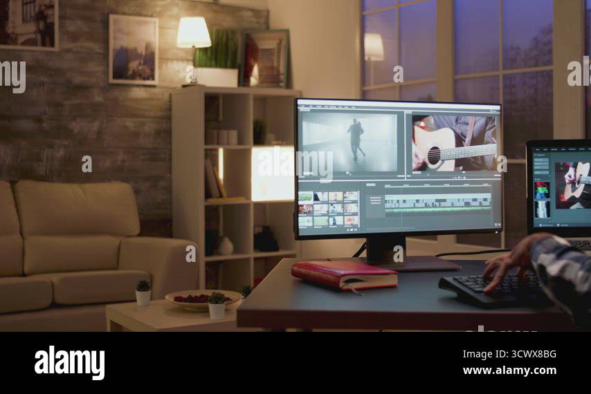 Back view of content creator using modern software for post production ...