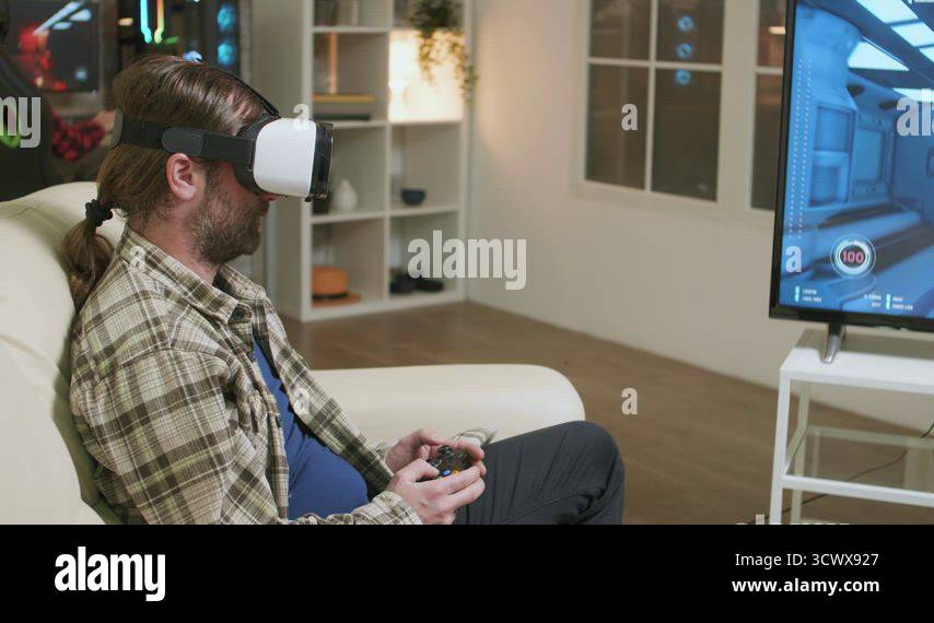 Bearded man with long hair taking off vr headset Stock Video Footage ...