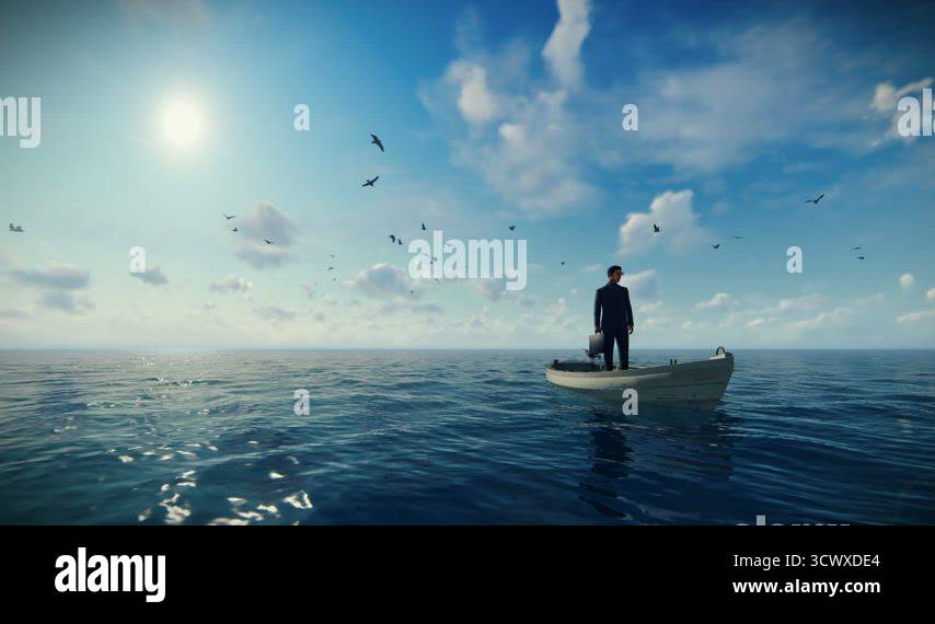 Businessman with briefcase on a boat in the middle of the ocean ...