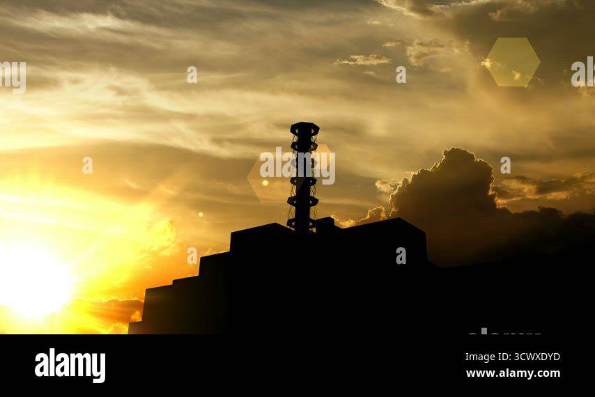 Chernobyl power plant, Russia over sunset, 3d animation Stock Video ...