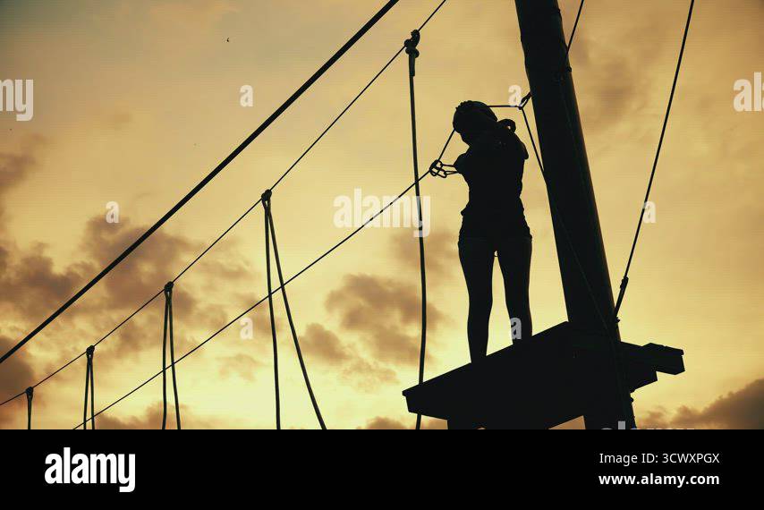 Silhouette girl celebrate adventure park finish with hands wide open ...