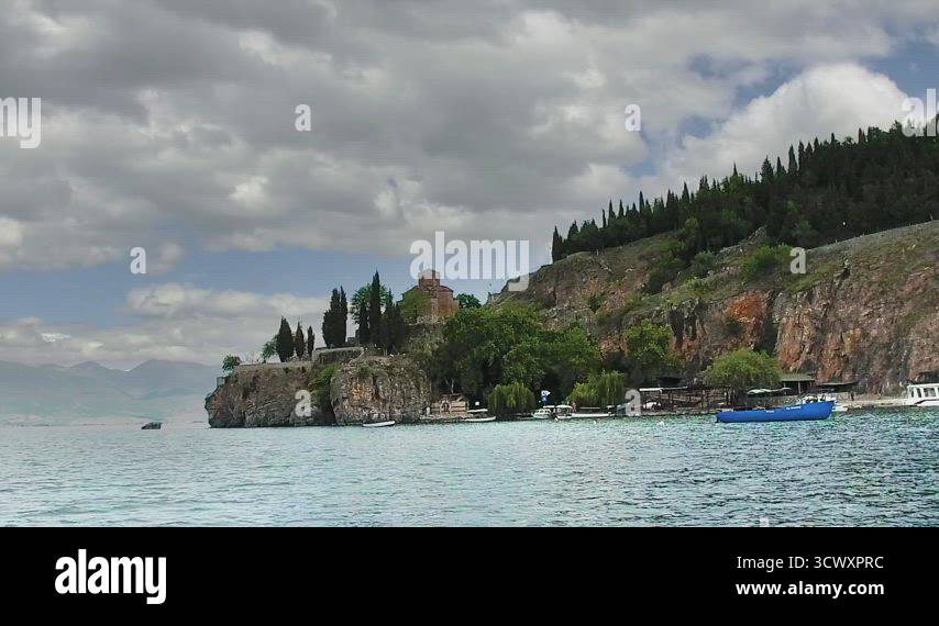 Church of St. John Kaneo on Ohrid lake in Macedonia, view from lake ...