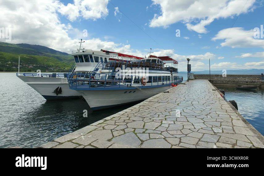 Boat and port from daily tour of Ohrid lake. Ohrid is famous for its ...