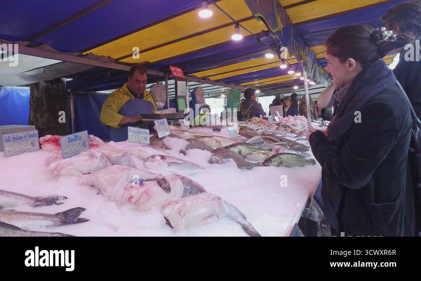 PARIS, FRANCE - circa MAY, 2017: Fish and seafood at Marche des Enfants ...