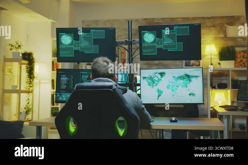 Happy hacker gets access granted after a dangerous cyber attack Stock ...