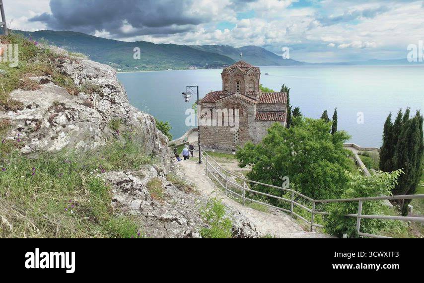 Ohrid Lake, view to Church St John at Kaneo, Macedonia Stock Video ...