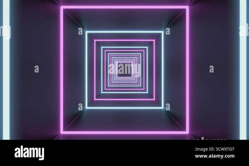 Square Tunnel Loop of abstract neon lights passing in front of the ...