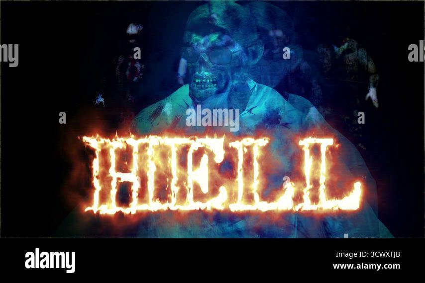Horror Zombie with Effects and word "hell in fire", mixed media of two ...