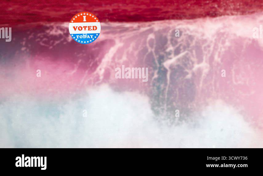 Hand placing I Voted Stickers on top of background of red ocean wave ...