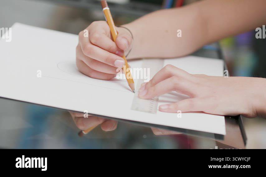 Young girls hands drawing a line on a piece of white paper using a ...