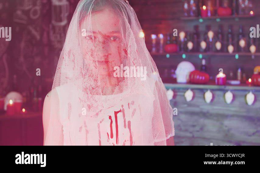 Close-up portrait of a teenage girl taking of a bloody-stained veil off ...