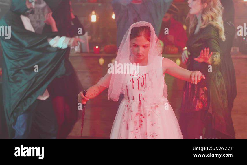 Young girl in scary dead bride costume at a halloween party Stock Video ...