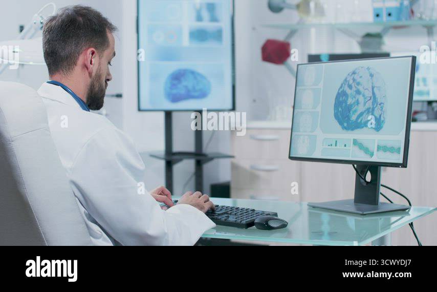 Handheld footage of professional neurologist lookign at 3D brain scan ...