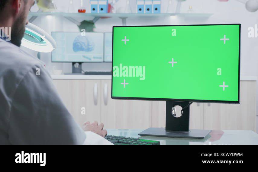 Over the shoulder shot of scientist working on green screen computer ...