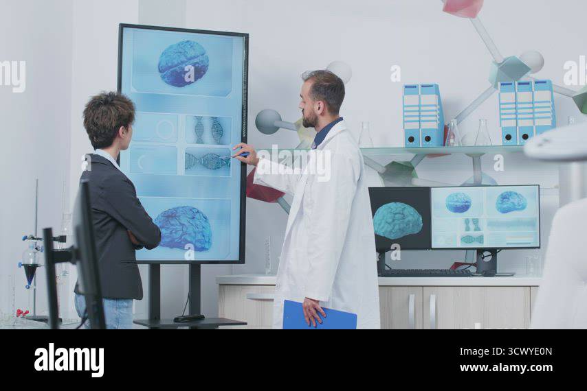 Doctor in white robe in medical research facility showing a 3D brain ...