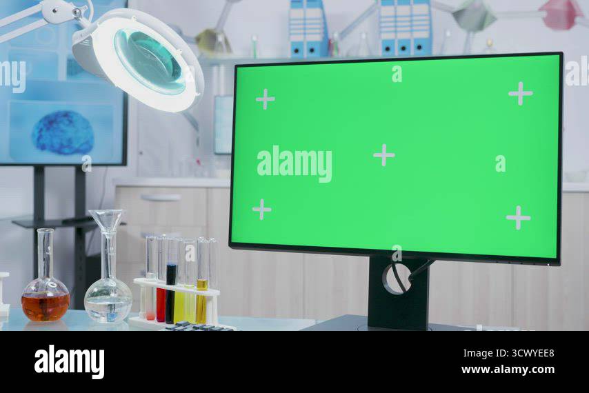 Static shot of chemist desk with a green screen mock-up desktop PC ...