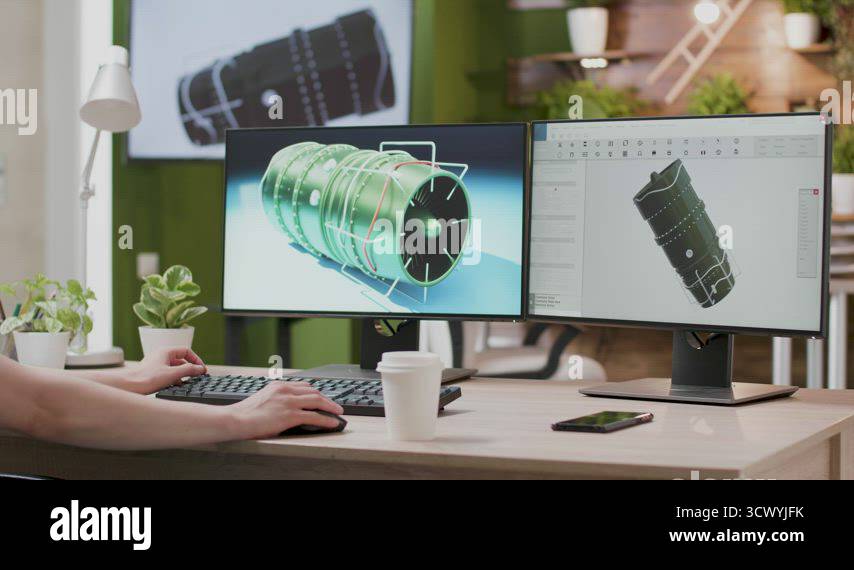 Over the shoulder shot of 3D designer working on new wind turbine ...