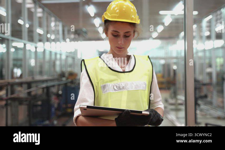 Portrait of manual woman worker is using computer notebook laptop and ...