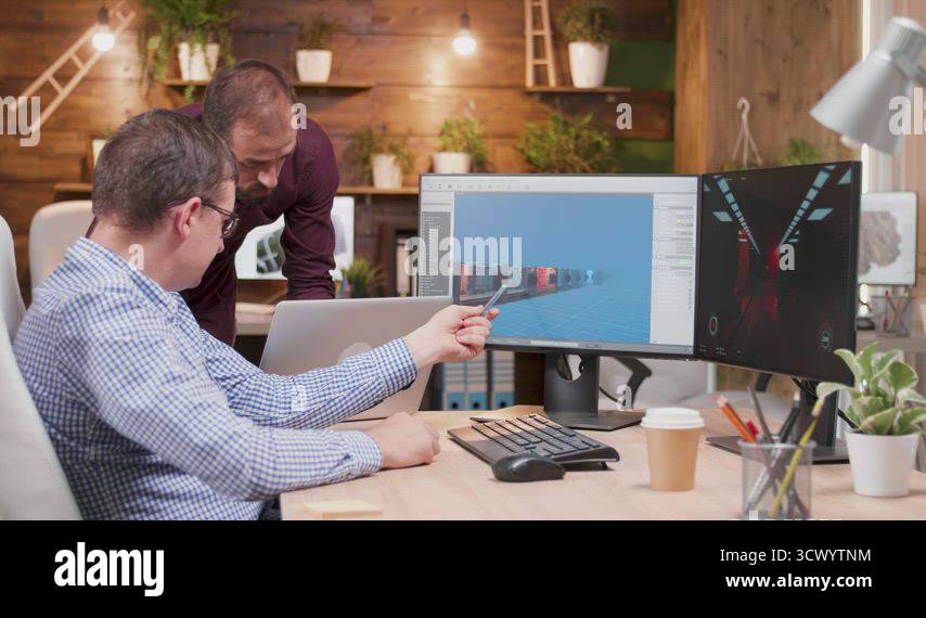 Graphic desginer working in gaming industry showing his assitant the ...