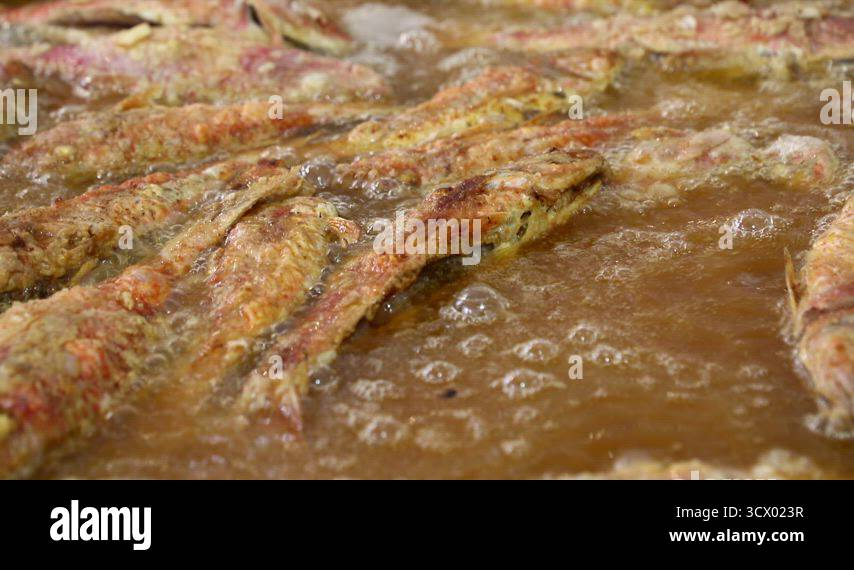 Close up cooking deep fried red mullet fish in oil Stock Video Footage ...