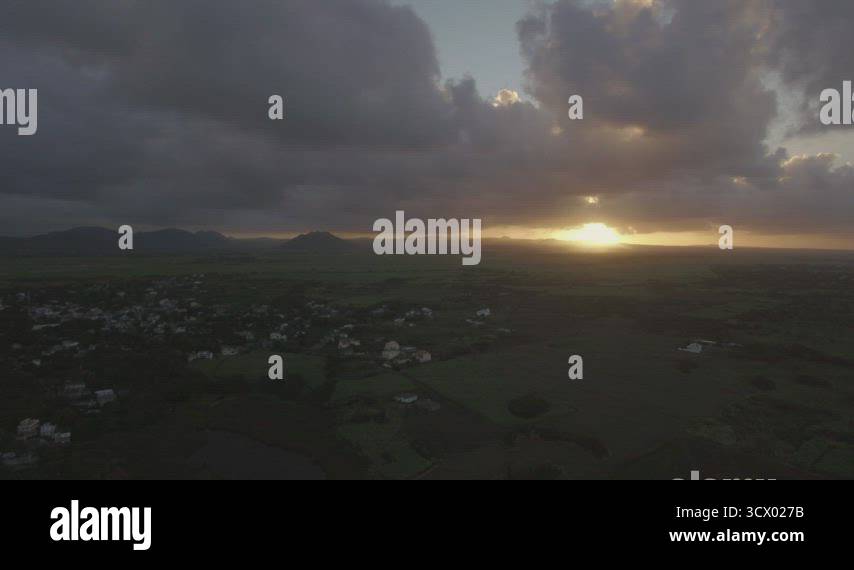 Aerial view of Mauritius Island, forests, farm, fields and hills ...